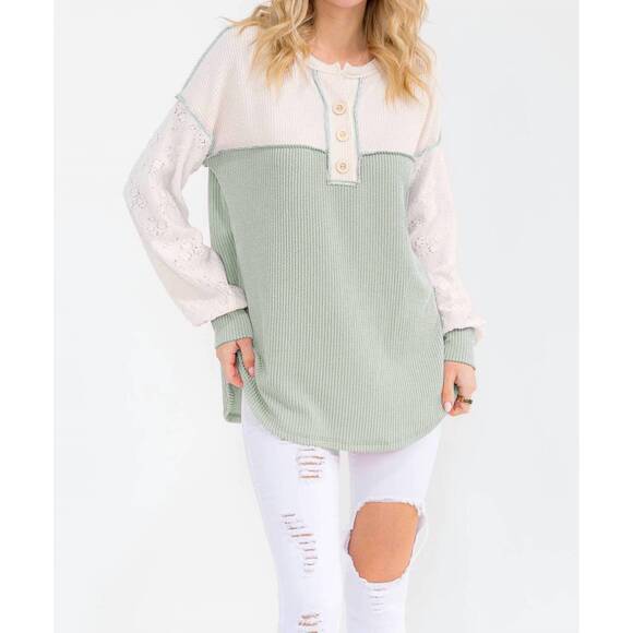 7th Ray | Tops | New 7th Ray Two Tone Rib Knit Henley Top In Sage Green ...